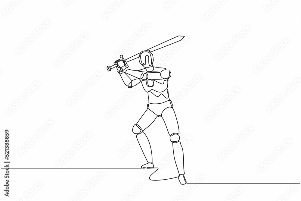 Continuous one line drawing robots standing and swinging big sword ...