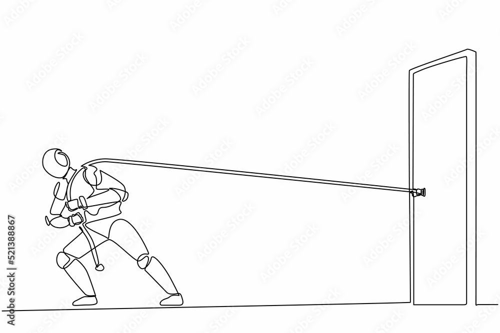 Single continuous line drawing robots pulling heavy door with rope ...