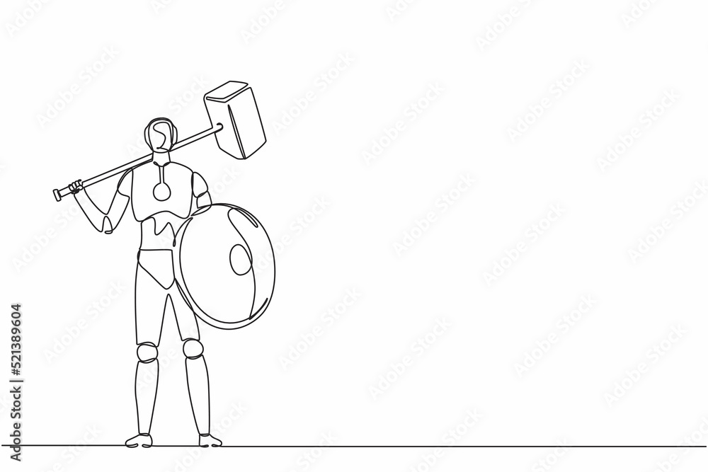 Single continuous line drawing robot standing holding hammer and shield ...