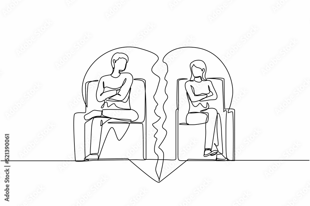 Single Continuous Line Drawing Unhappy Stubborn Couple Sit Separate On