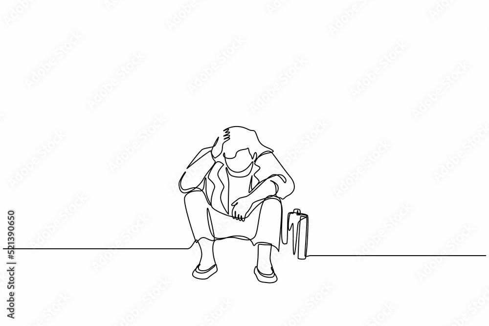 Single one line drawing businesswoman feeling sad, depression, holding ...