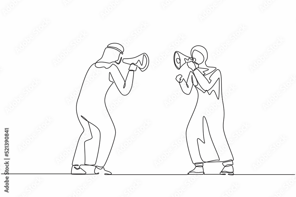 Continuous one line drawing Arab man and woman hold loudspeakers scream ...