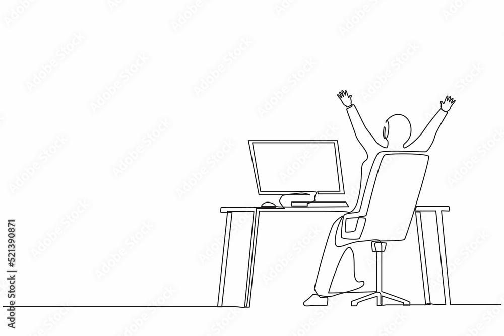 Continuous one line drawing back view happy Arab woman completed task ...