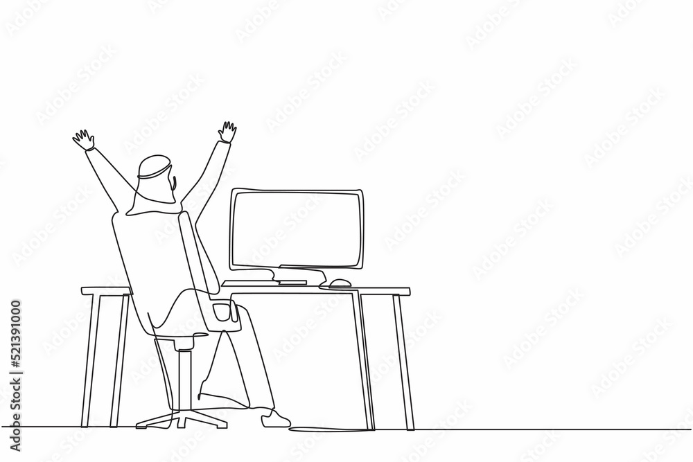Single continuous line drawing back view happy Arab man completed task ...