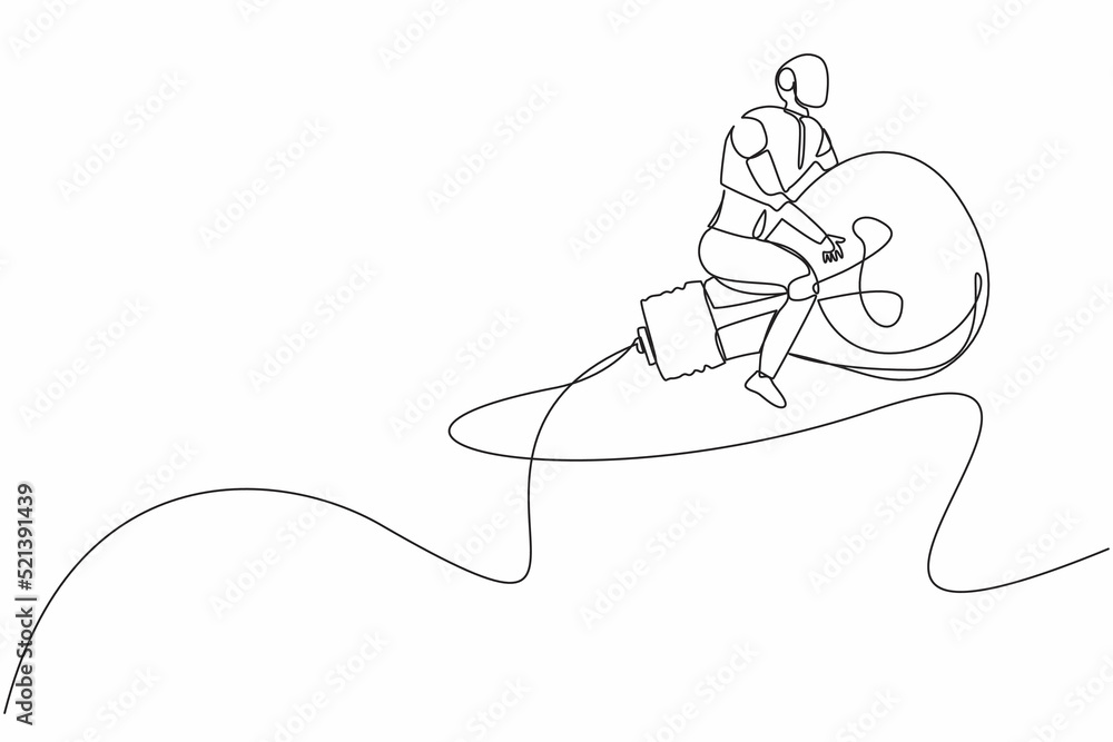 Continuous one line drawing robots riding light bulb rockets. Modern ...