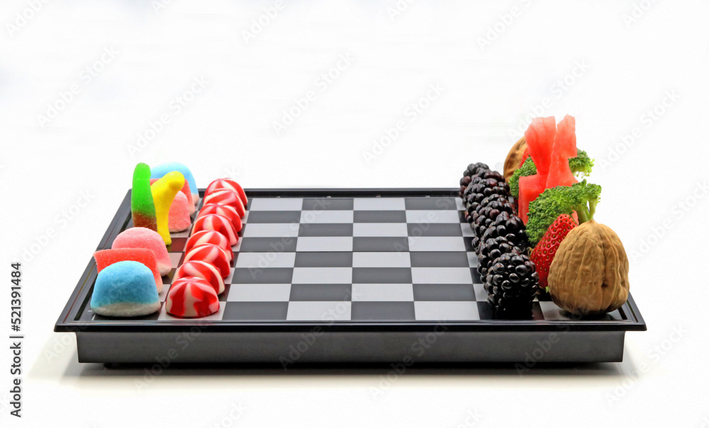 Concept of fruits, healthy food, and nutrition Vs fast food and sweets ...