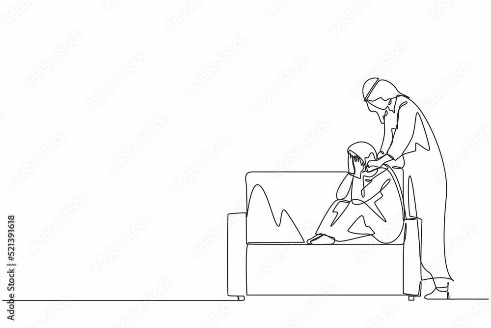 Continuous one line drawing Arab man giving support and comfort to ...