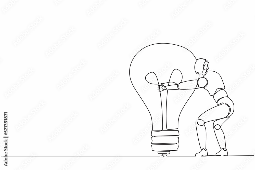 Single continuous line drawing robots hugging huge light bulb. Modern ...