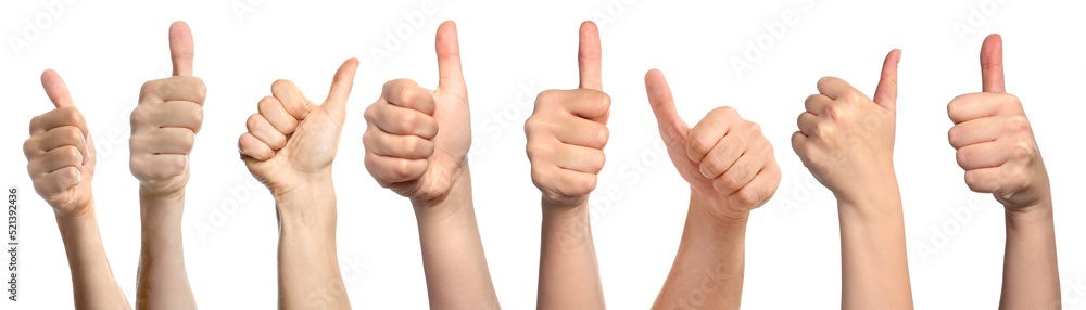 Collage with photos of people showing thumbs up gestures on white ...