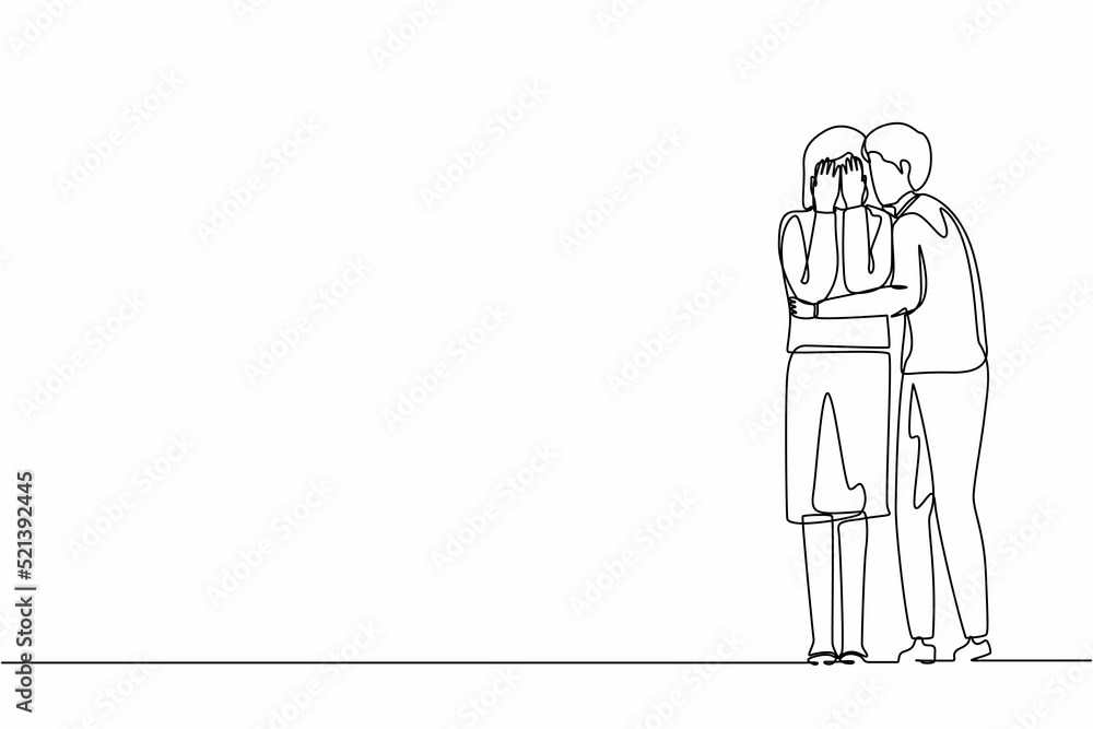 Single one line drawing man comforting her crying best friend ...