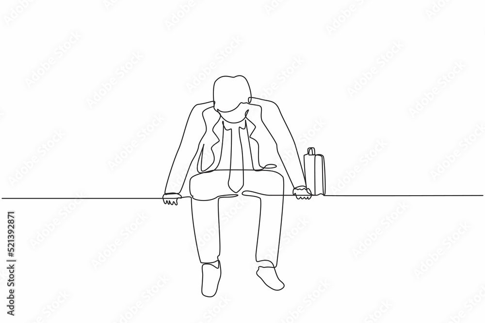 Continuous one line drawing sad businessman sits at bench alone. Man ...