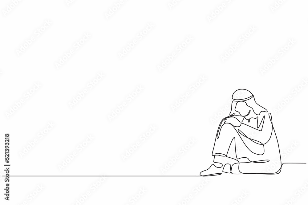 Continuous one line drawing very sad Arab businessman sitting alone on ...