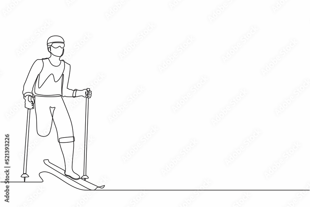 Single one line drawing male athlete skier without legs skiing in snow ...