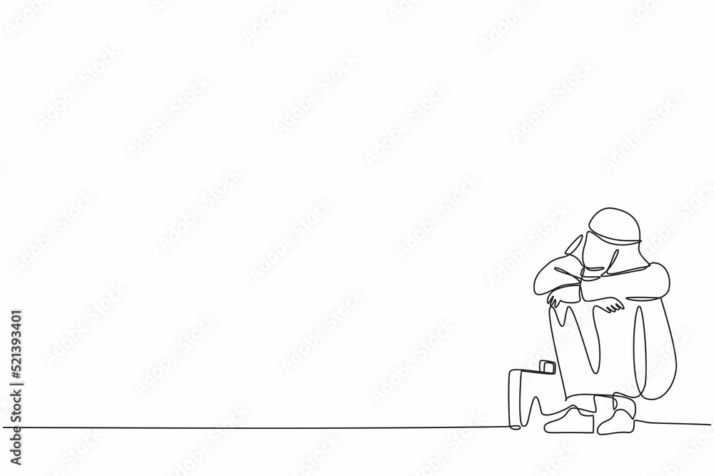 Single one line drawing depressed Arabian businessman suffer emotion ...