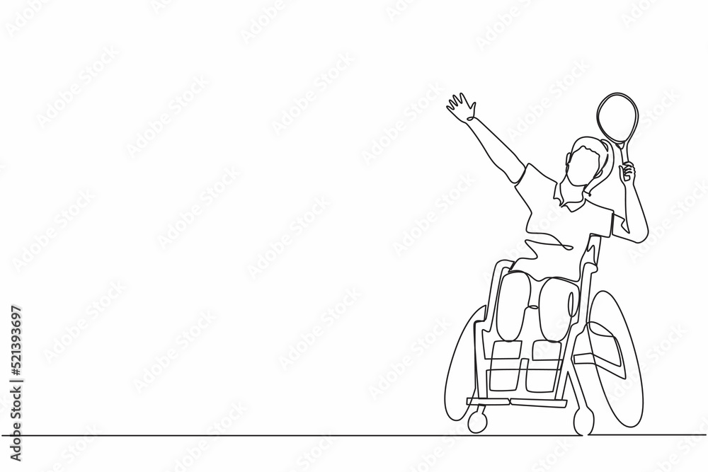 Single One Line Drawing Badminton Player Sitting On Wheelchair With