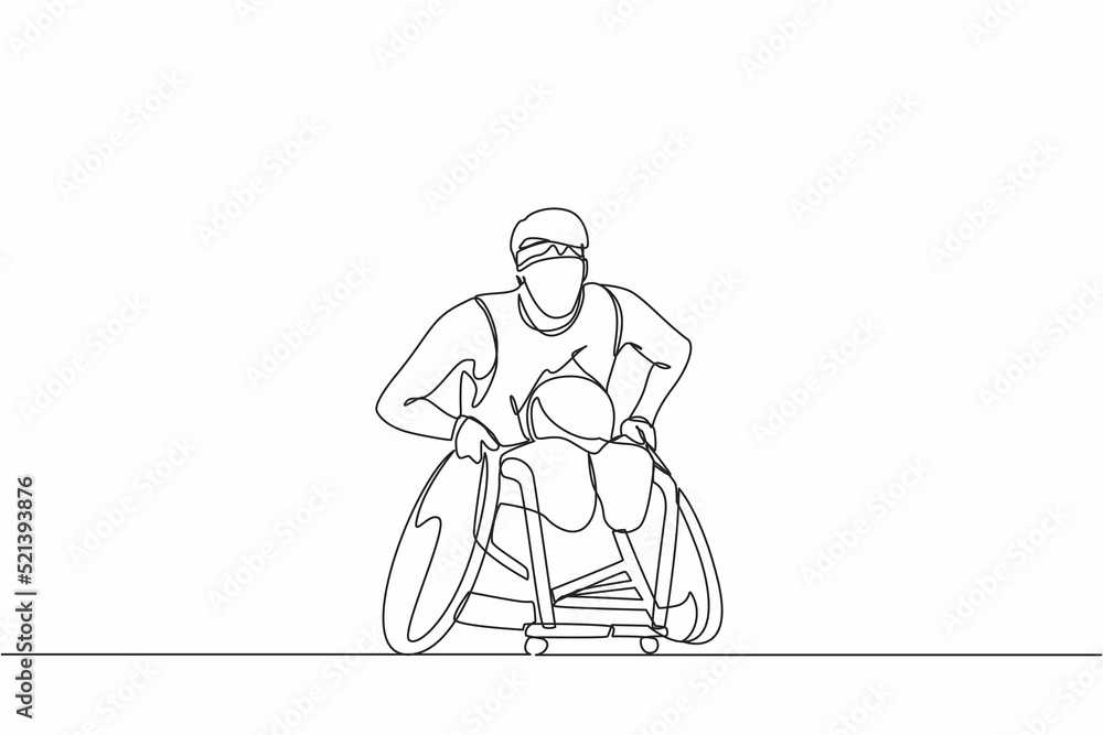 Continuous one line drawing sportsman play rugby on wheelchair sport ...