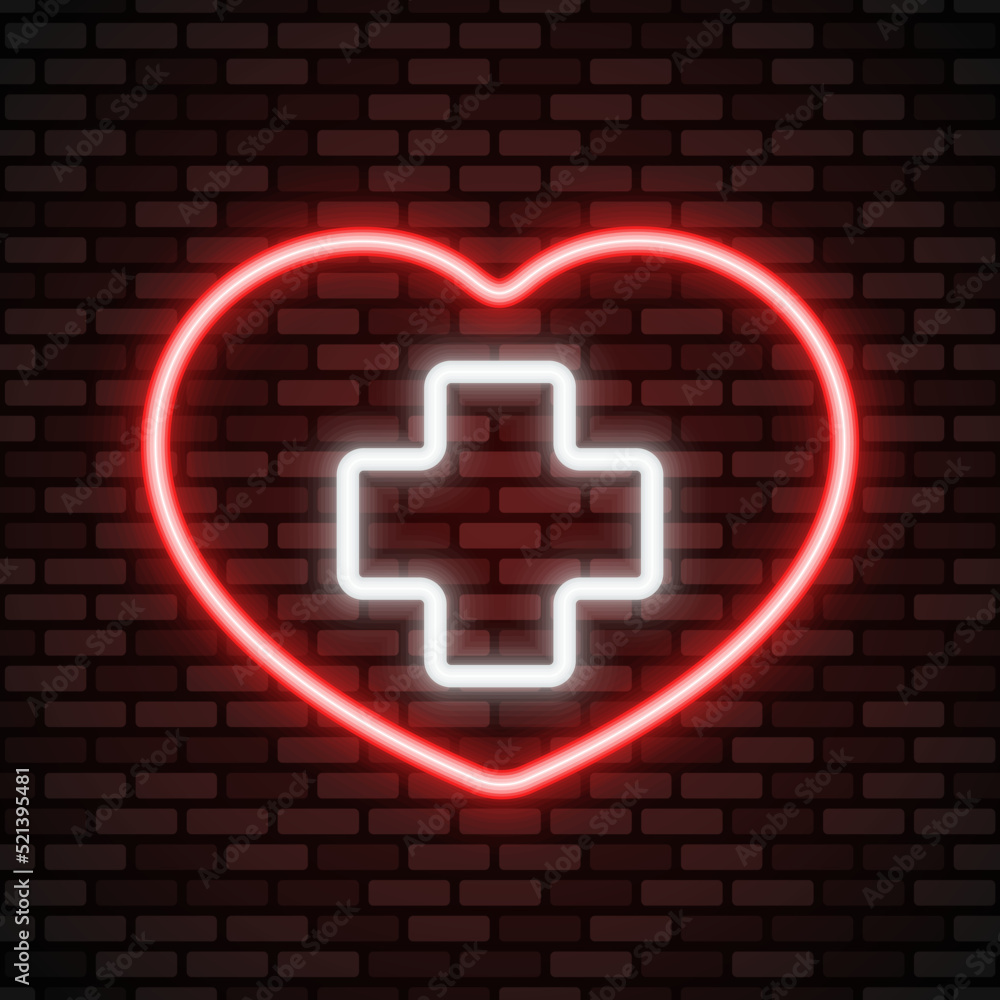 Medicine neon icon. Red neon heart with white cross on black brick wall ...