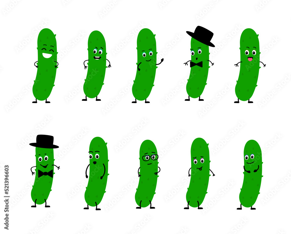 cucumber character with funny face. Happy cute cartoon emoji set. Stock ...