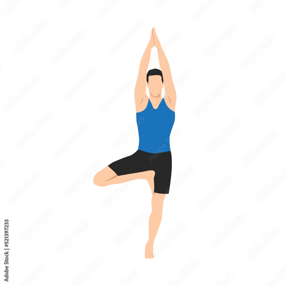 Man doing tree pose vrksasana exercise. Flat vector illustration ...