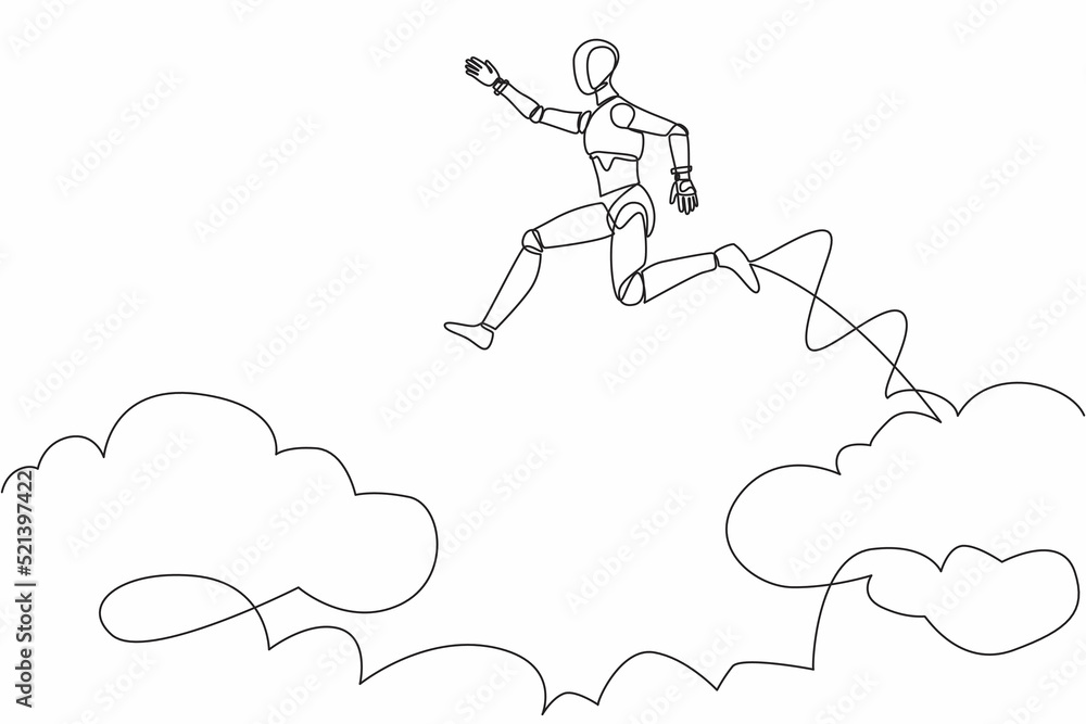 Single one line drawing fearless brave robot make risk by jump over ...