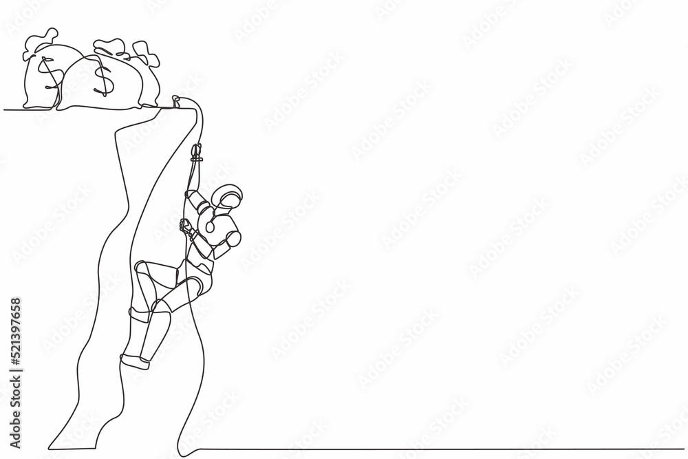 Single one line drawing robot doing rope climbing towards money bag ...