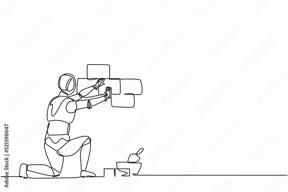 Single continuous line drawing robot repair worker laying ceramic wall ...