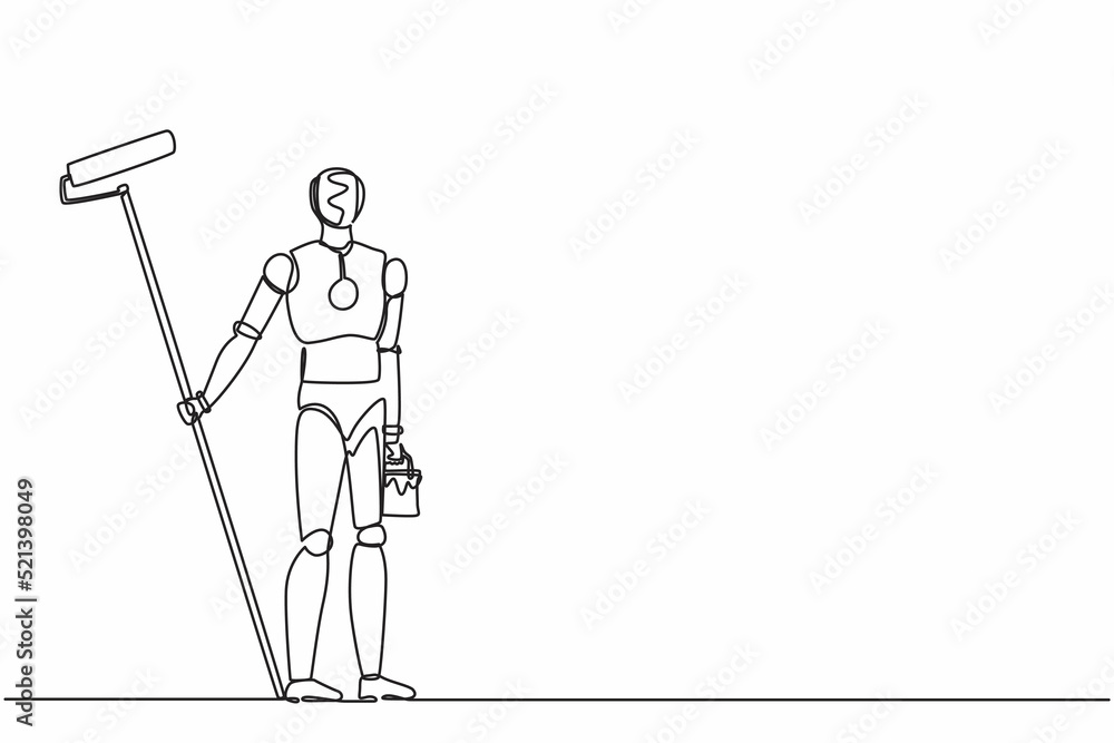 Continuous one line drawing robot painter with bucket of paint and ...