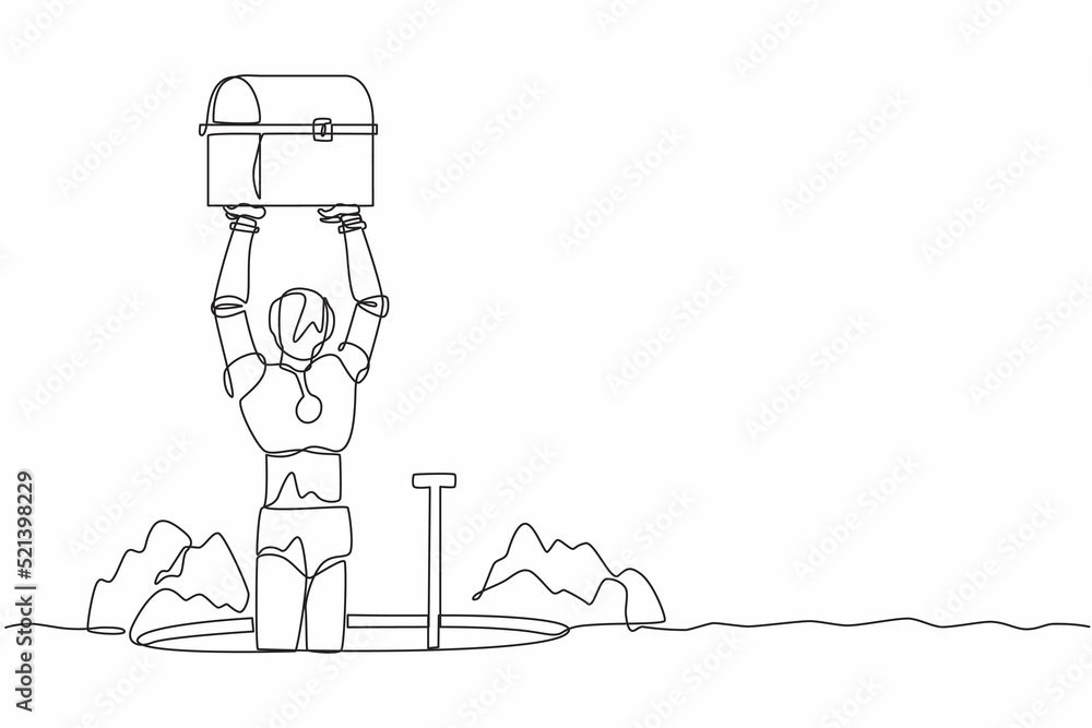 Single continuous line drawing robot standing in digging hole and ...