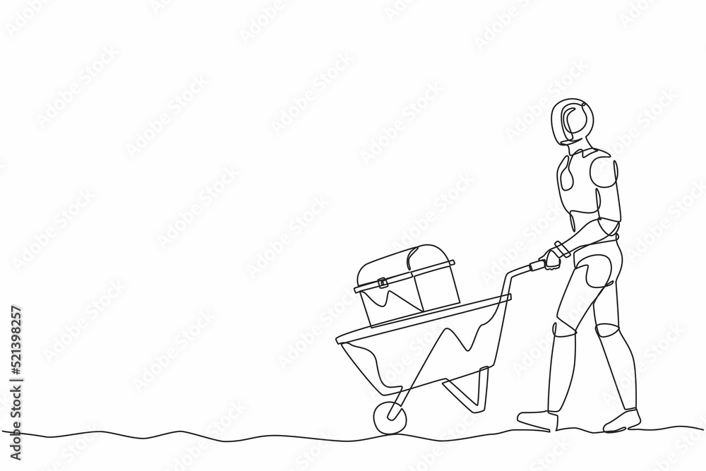 Single one line drawing robot walking and pushing trolley with chest ...