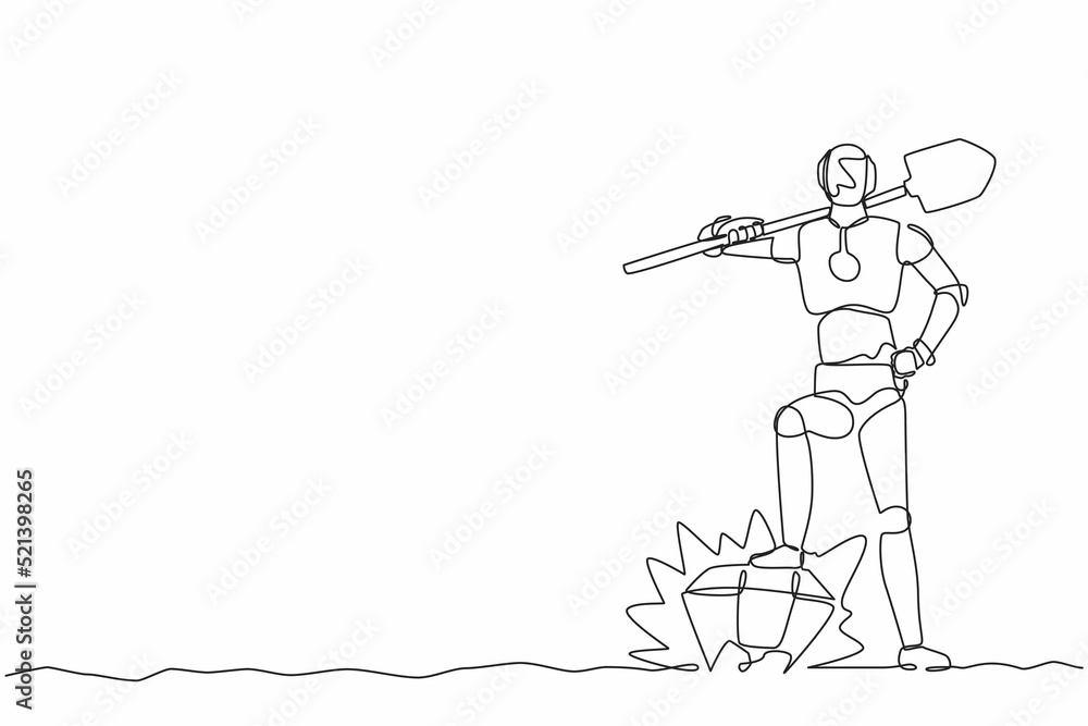 Single continuous line drawing robot digging ground with shovel finding ...