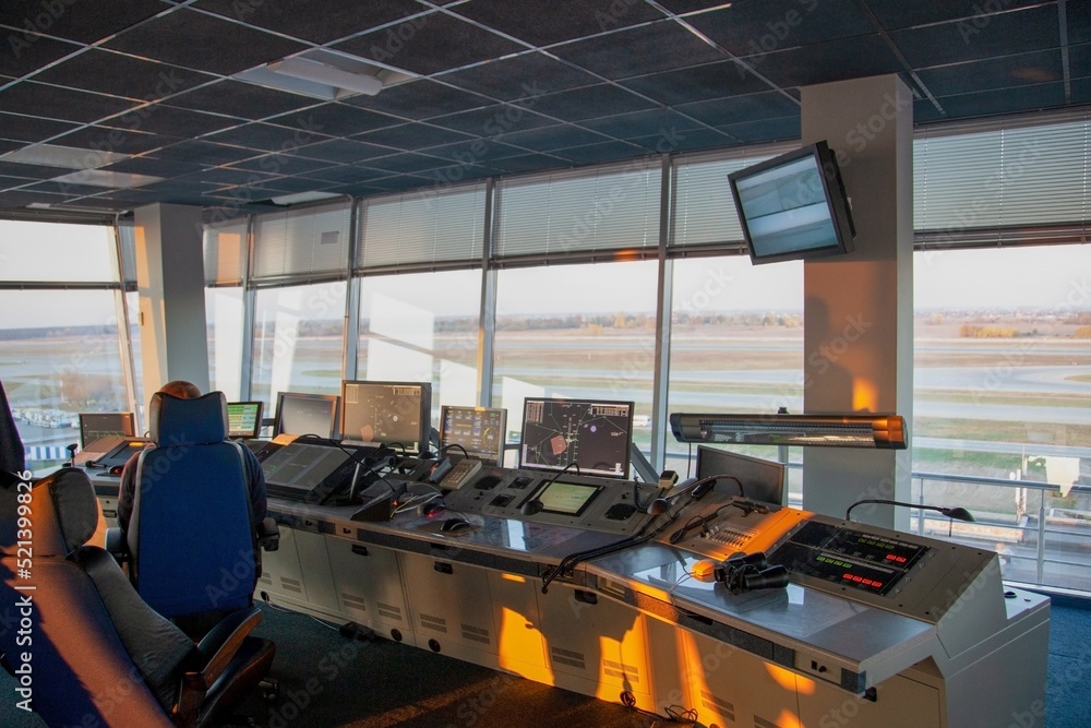 The workplace of the flight dispatcher in the airport. Flight control ...