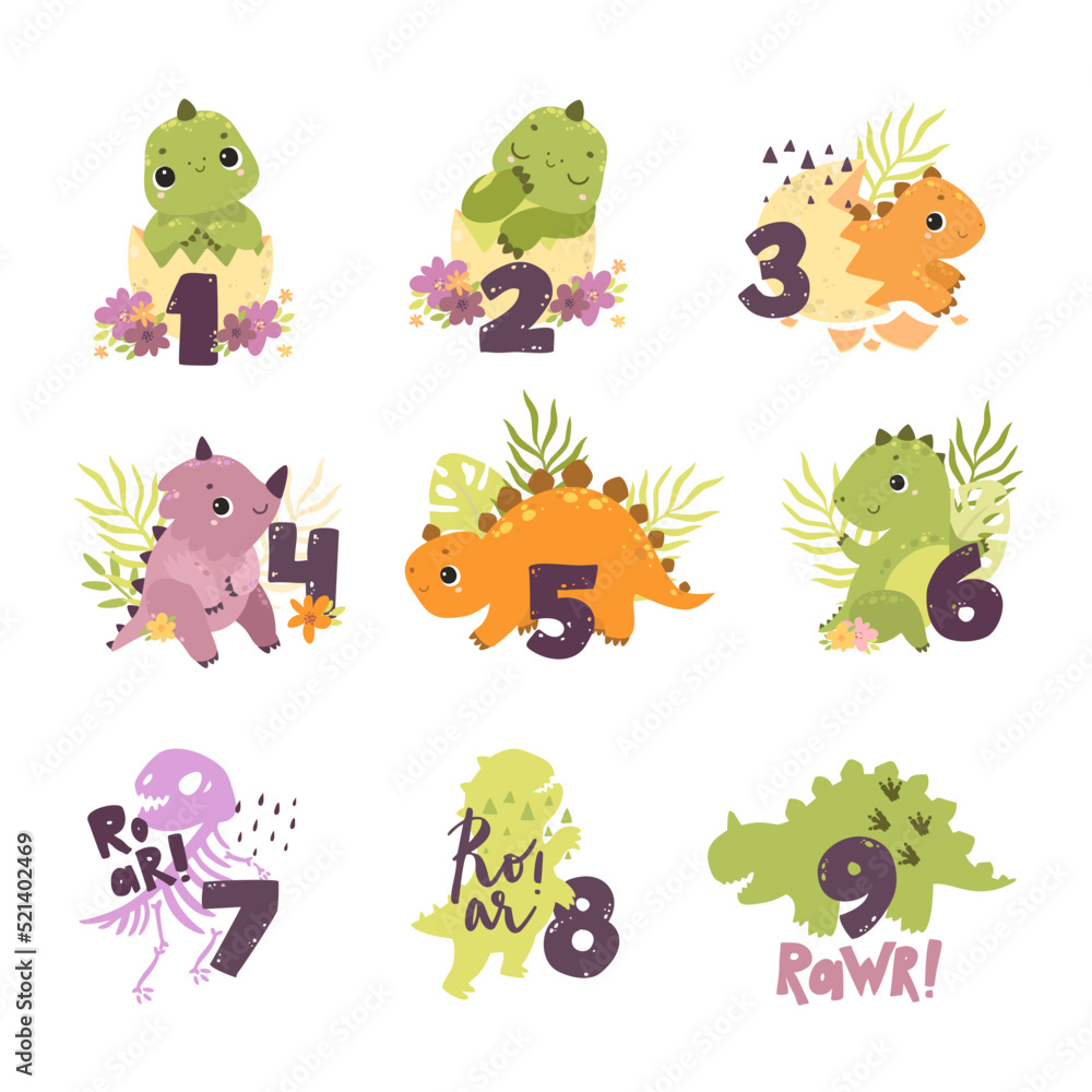 Dinosaurs and figures. Vector set of dinosaurs. Cute baby dinosaurs and ...