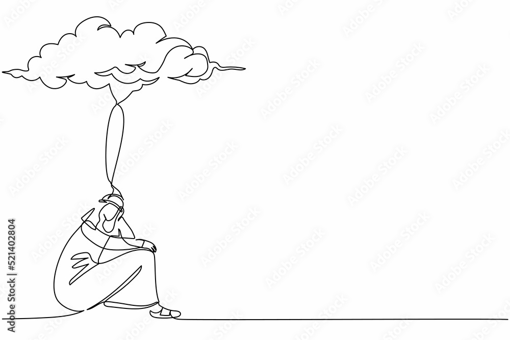Continuous one line drawing depressed Arabian businessman feeling ...