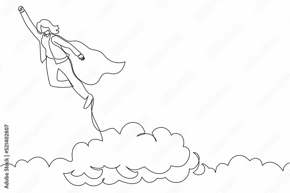 Single continuous line drawing strong businesswoman superhero flying up ...