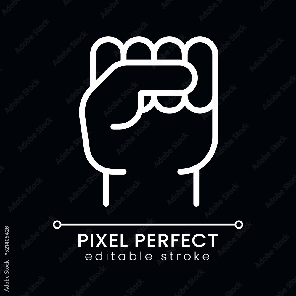 Raised fist pixel perfect white linear icon for dark theme. Gesture of ...