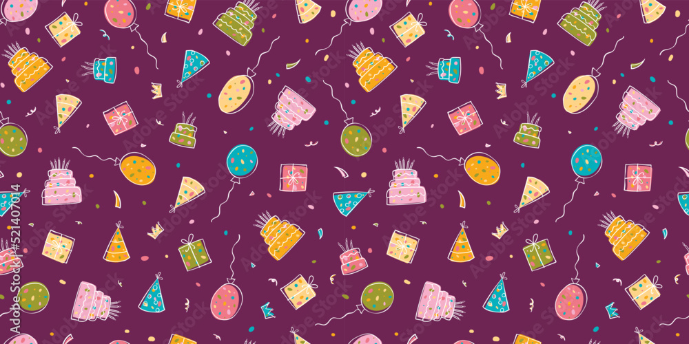 Fun hand drawn party seamless background with cakes, gift boxes ...