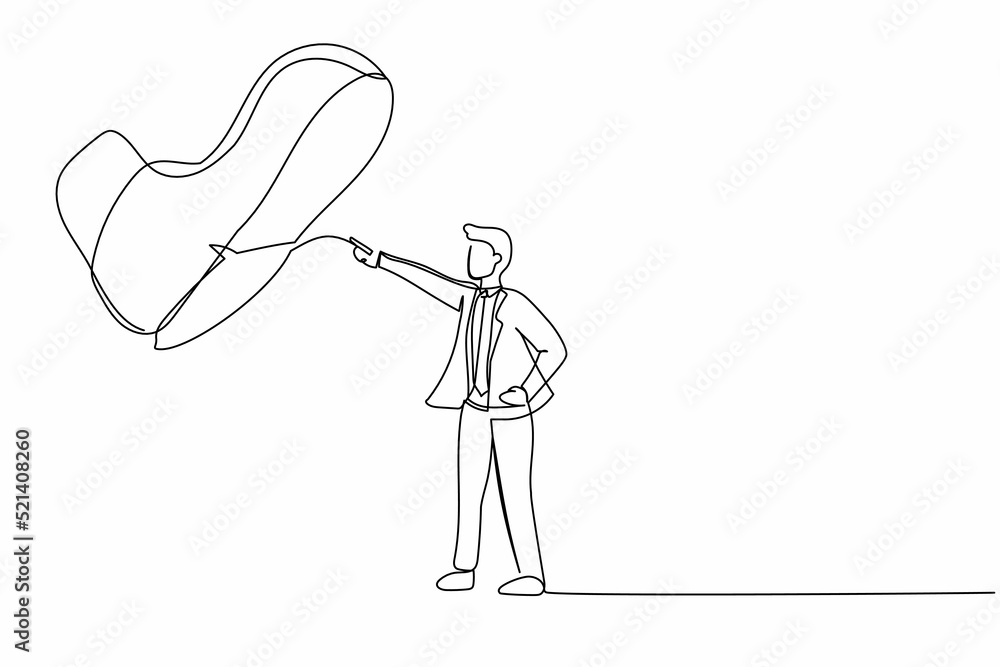 Single one line drawing young businessman facing against giant shoes ...