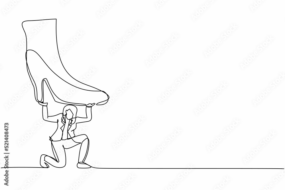 Vetor do Stock: Single one line drawing businesswoman under giant foot ...