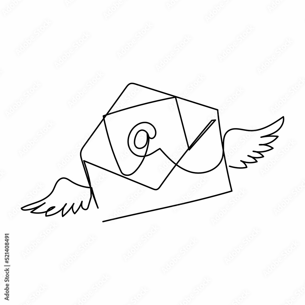 Continuous one line drawing flying mail envelope with wings. Incoming ...