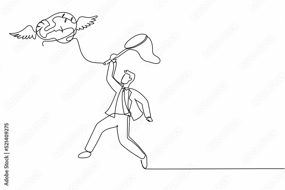 Single continuous line drawing businessman try to catching flying brain ...