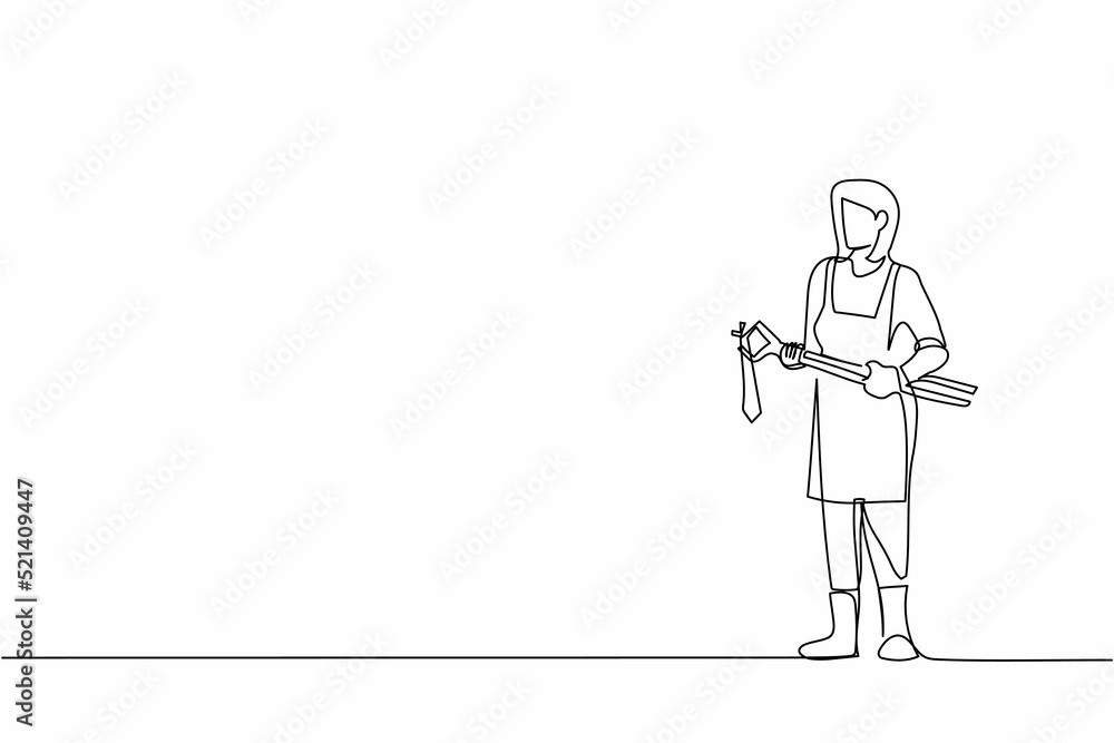 Continuous one line drawing female blacksmith wearing apron standing ...