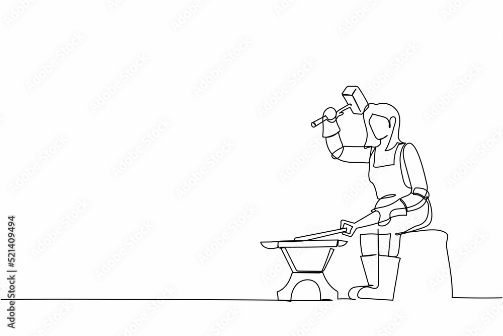 Single one line drawing female blacksmith sitting wearing apron hitting ...