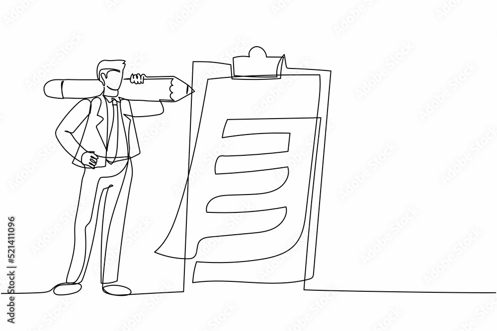 Continuous one line drawing positive businessman with giant pencil on ...