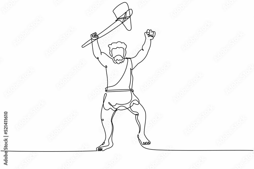 Single one line drawing caveman holding and raised stone axe overhead ...