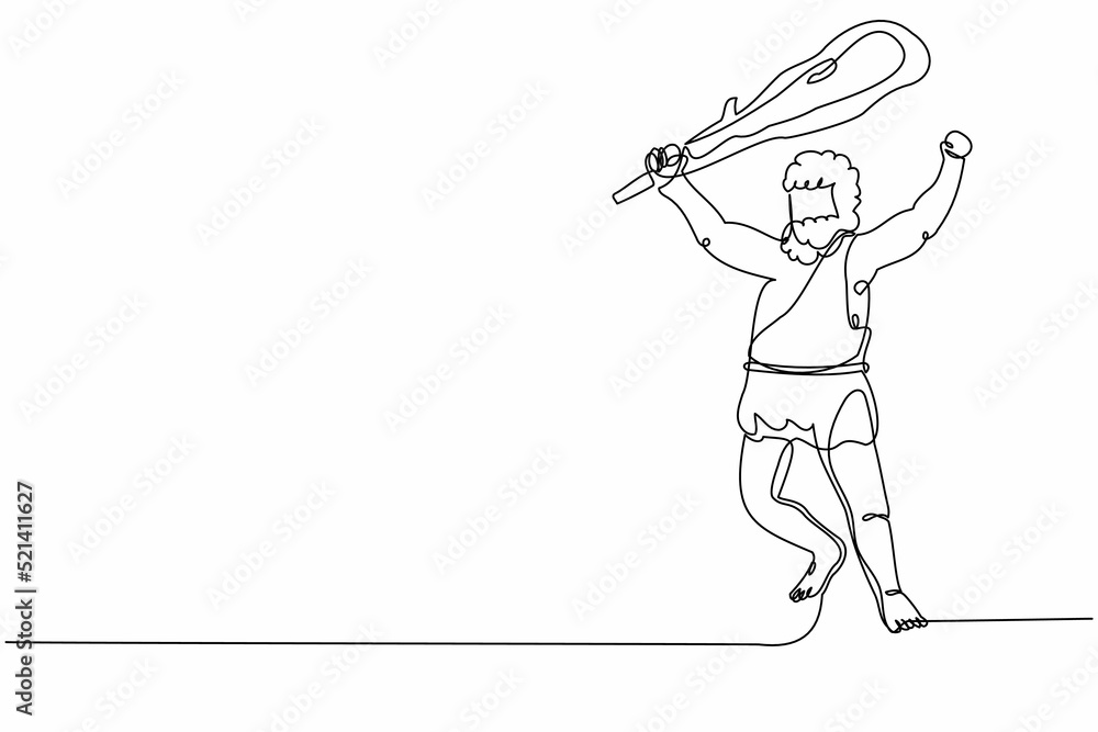 Continuous one line drawing caveman holding and raised cudgel overhead ...