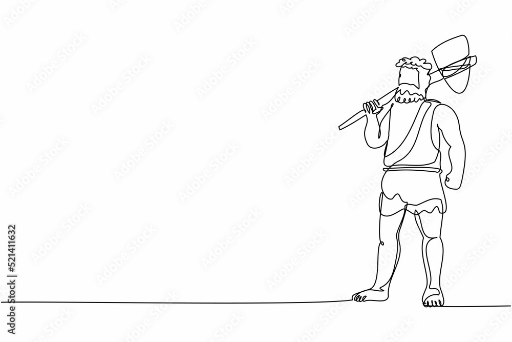 Continuous one line drawing prehistoric man holding stone axe on ...