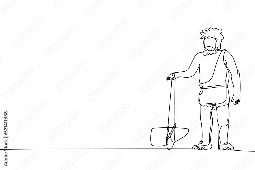 Vetor de Single one line drawing caveman standing and holding stone axe ...