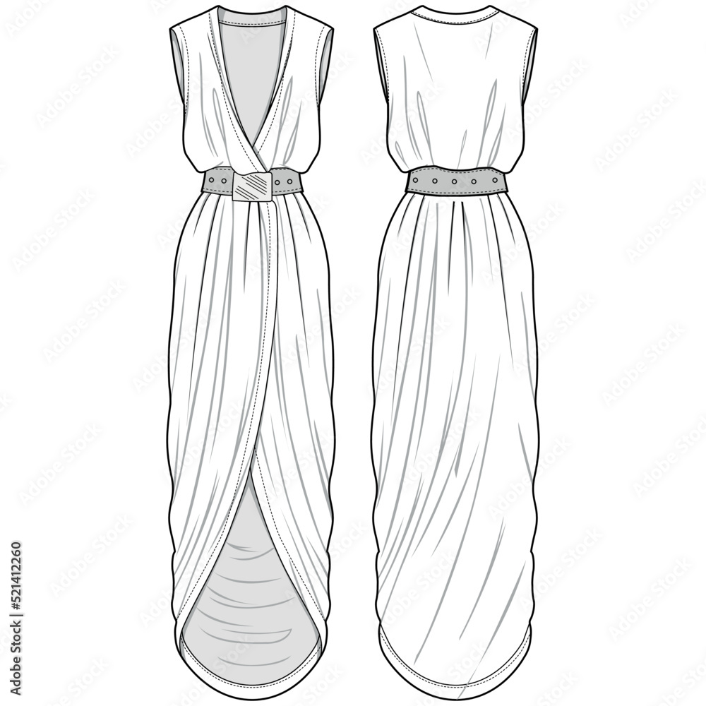 Women's Sleeveless Wraparound Party Dress with belt Front and Back View ...