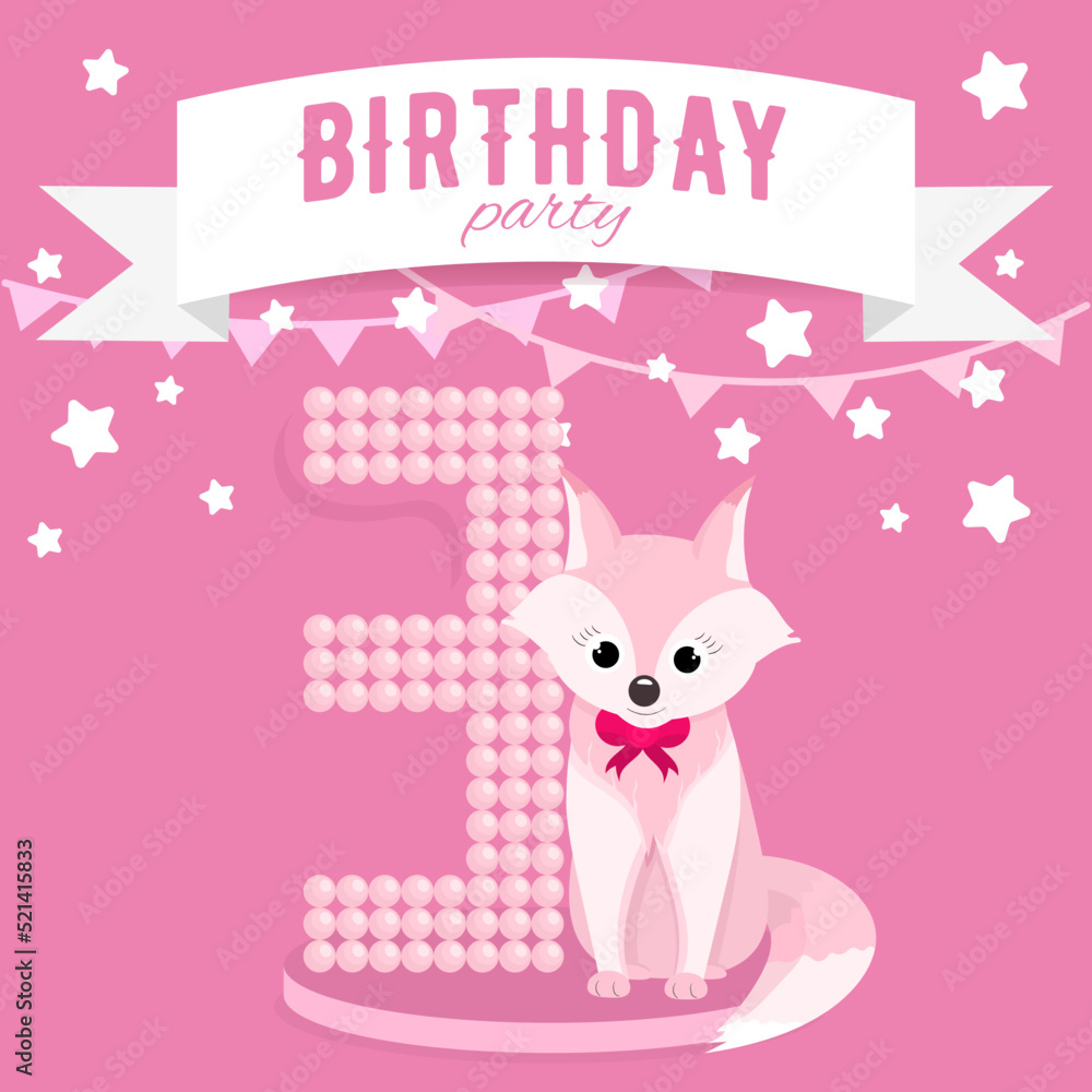 Birthday party invitation for the girl's third birthday with little fox ...