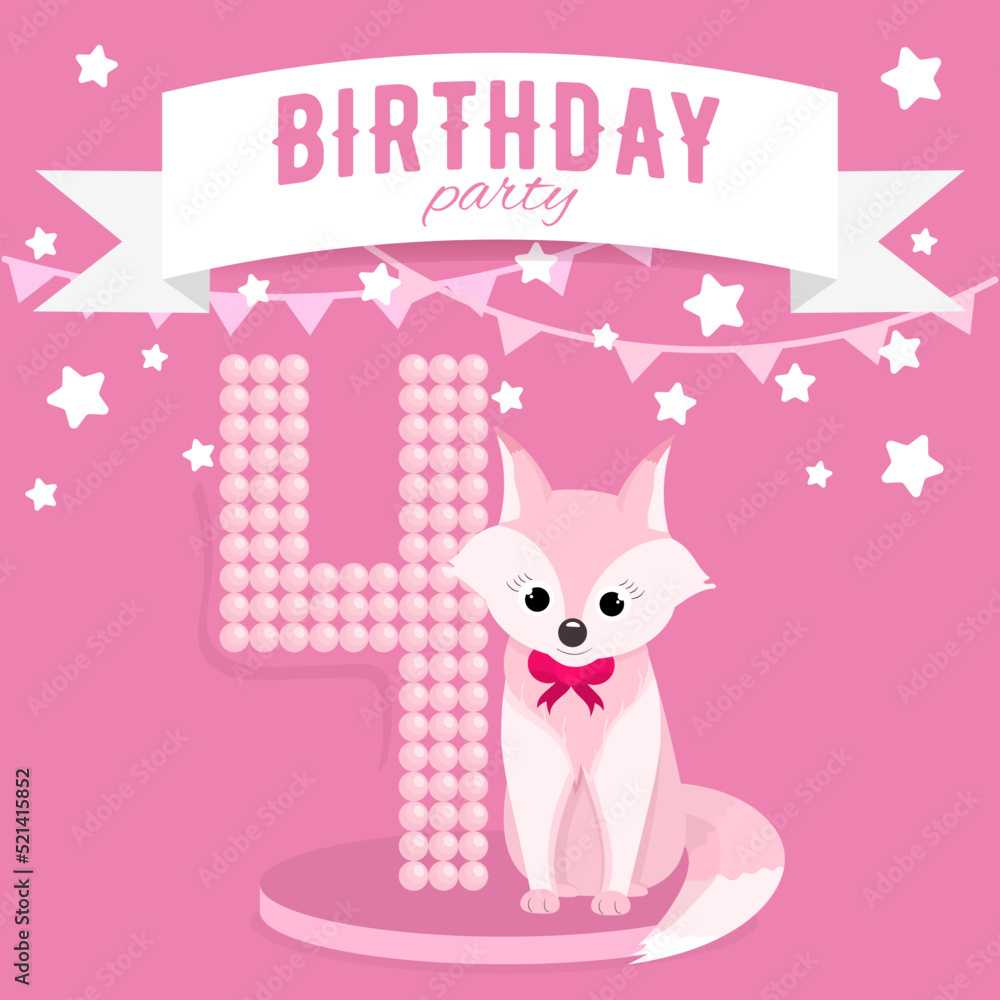 Birthday party invitation for the girl's fourth birthday with little ...